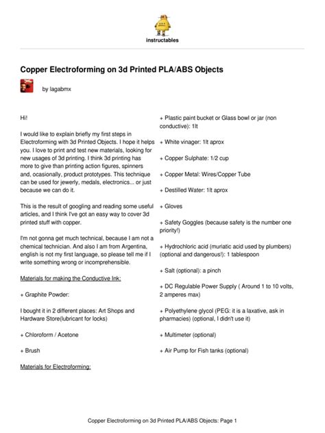 Copper Electroforming On 3d Printed Plaabs Objects Pdf Graphite