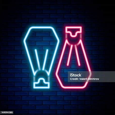 빛나는 네온 라인 수영 아이콘을 위한 고무 오리발은 벽돌 벽 배경에 분리되어 있습니다 다이빙 장비 익스트림 스포츠 스포츠 장비 다채로운 개요 개념입니다 벡터 고무에 대한