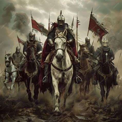 Mounted Medieval Knights And Soldiers Charging Into Fierce Battle With