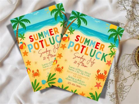 Summer Potluck Invitation Canva Template Tropical 5x7 Party Invite Etsy