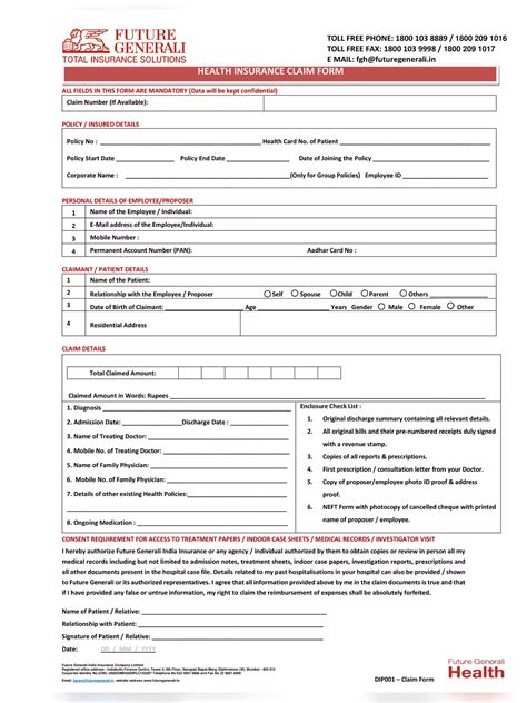 Future Generali Health Insurance Or Reimbursement Claim Form Pdf Instapdf