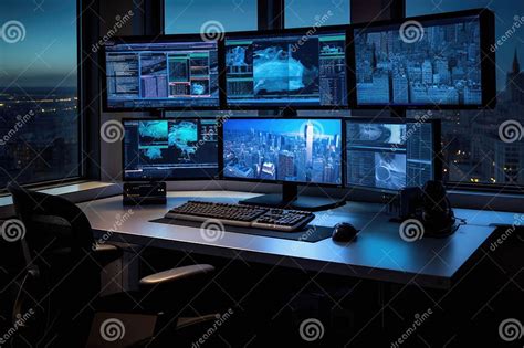 Multi Monitor Cybersecurity Analyst Workstation Monitoring System With Multiple Screens Stock