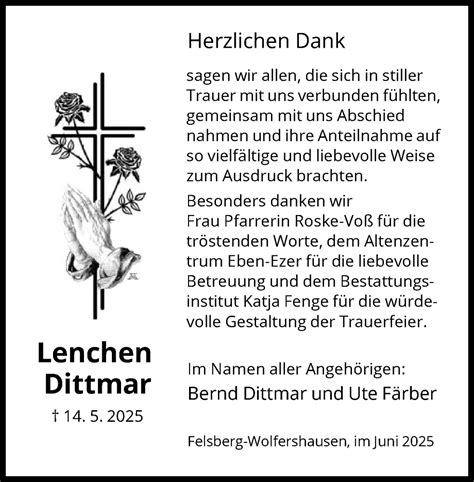 Traueranzeigen Von Lenchen Dittmar Trauerhnade