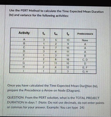 solved use the pert method to calculate the time expected