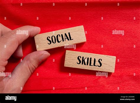 Social Skills Words Written On Wooden Blocks With Red Background Conceptual Social Skills