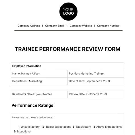 Free Trainee Performance Review Form Hr Template To Edit Online