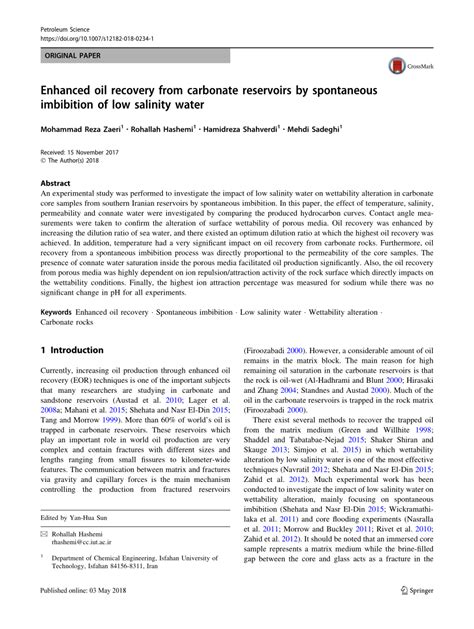 Pdf Enhanced Oil Recovery From Carbonate Reservoirs By Spontaneous