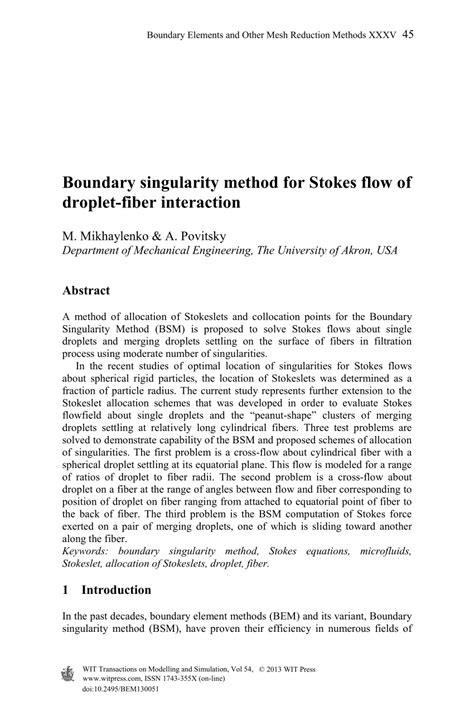 Pdf Boundary Singularity Method For Stokes Flow Of Droplet Fiber Interaction