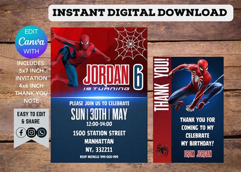 Spiderman Editable Printable Customisable Birthday Invitation Template