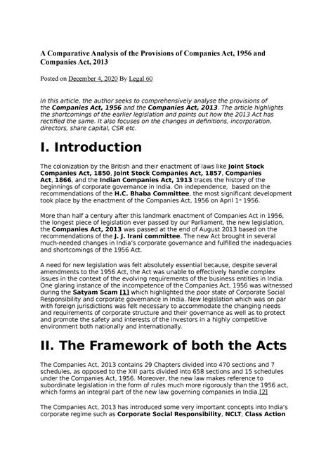A Comparative Analysis Of The Provisions Of Companies Act The Article Highlights The
