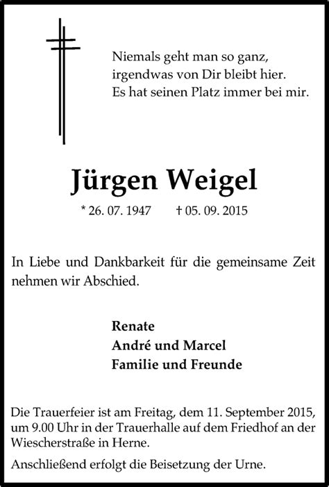 Traueranzeigen Von Jürgen Weigel Trauer In Nrw De