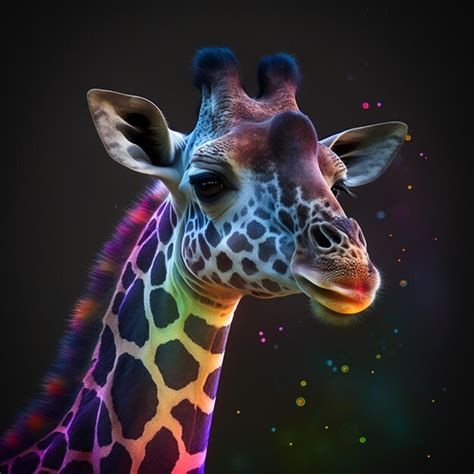 Jirafa De Colores Brillantes Con Fondo Negro Y Una Melena De Color