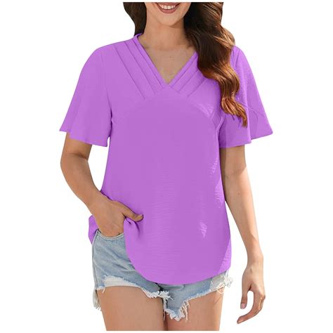 Alllist Solid Women Tops Purple V Neck Elbow Length T Shirts Summer