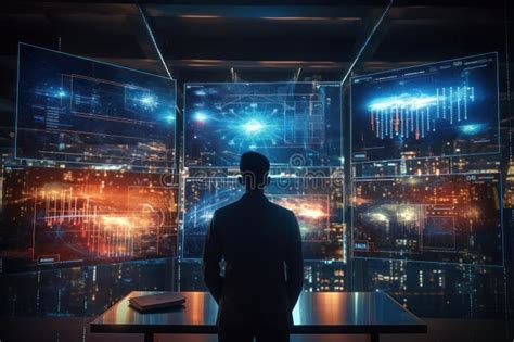 Data Analyst Probes Vast Screen Ai Powered Visuals Showcasing Real