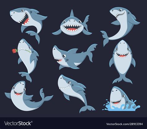 Cute Funny Shark Flat Set Royalty Free Vector Image