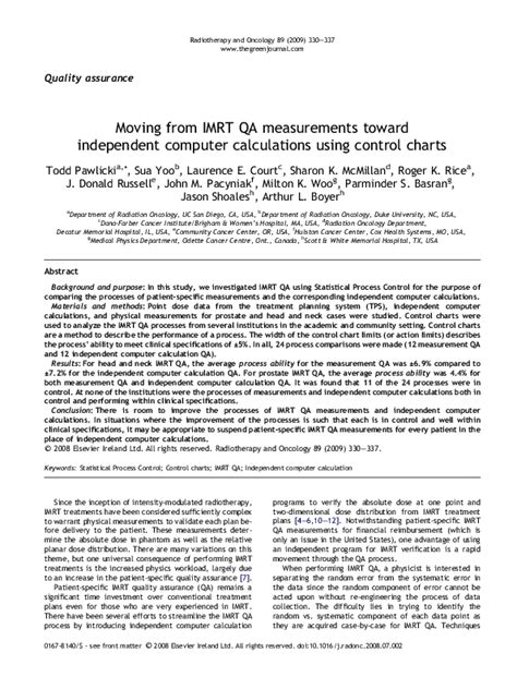 Pdf Moving From Imrt Qa Measurements Toward Independent Computer Calculations Using Control Charts