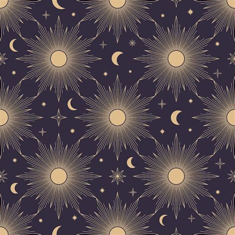 Premium Vector Hand Drawn Seamless Pattern Of Sun Moon Sunburst Stars