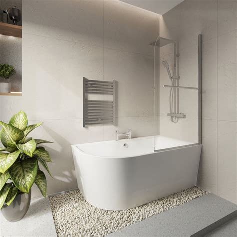 Selsley 1500 Curved Freestanding Super Deep Shower Bath With Chrome Screen With Towel Rail