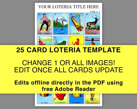 Editable Loteria Template 25 Cards Automatically Fill Pre Filled All