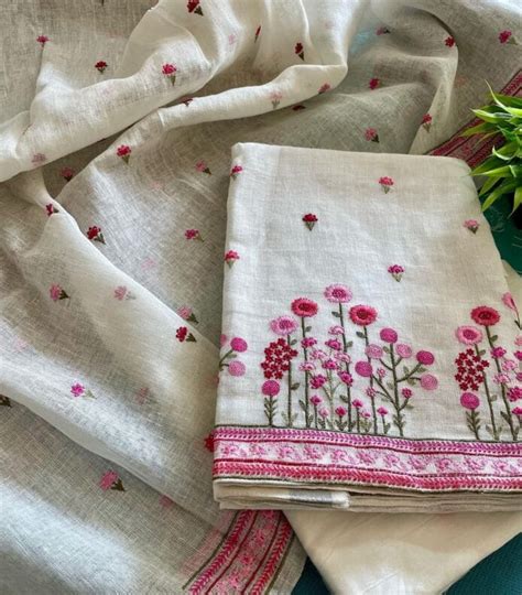 Pure Linen Salwar Kameez Material With Embroidered Design