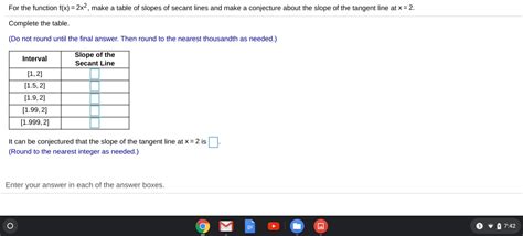 solved for the function f x 2x2 make a table of slopes