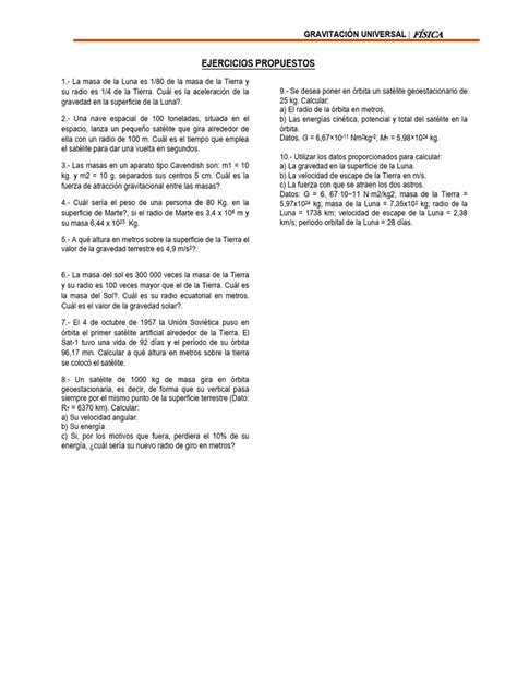 E2 GravitaciÓn Universal Ejercicios Propuestos Pdf Satélite Tierra