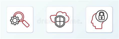 Set Line Human Head With Lock Magnifying Glass And Gear And Cloud