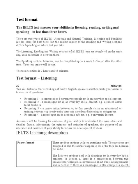 Test Format Ielts Listening Description Pdf International English