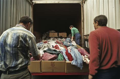 Two Men Unload A Shipping Container Filled With Colorful Clothes The Scene Captures Teamwork