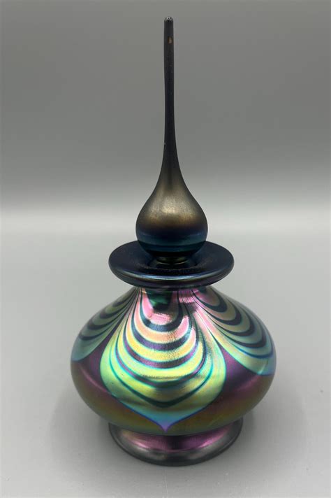 Stuart Abelman Iridescent Perfume Bottle With Stopper 1987 Signed Glass Pulled Feather Design
