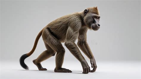Photorealistic Baboon In Walking Pose With Tail Raised And Fur Texture