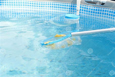 Cleaning A Swimming Pool With A Mesh Skimmer The Long Net Cleans