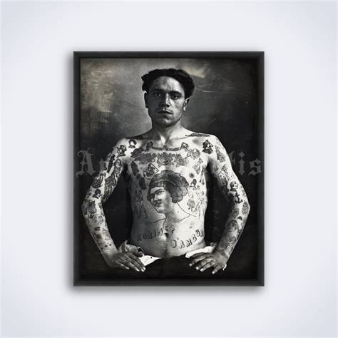 Vintage Tattooed Prisoner Photo Print Retro Gangster Outlaw Art