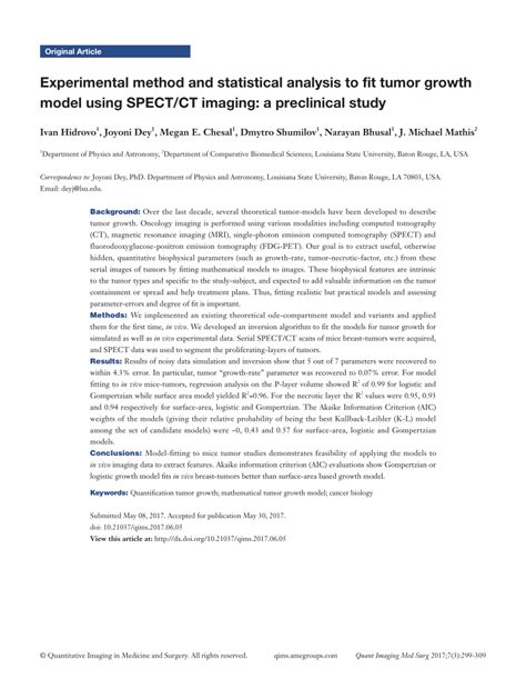 Pdf Experimental Method And Statistical Analysis To Fit Tumor Growth