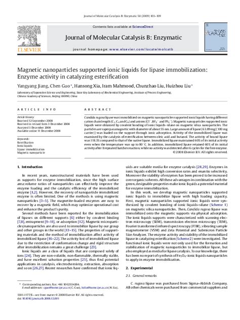 Pdf Magnetic Nanoparticles Supported Ionic Liquids For Lipase Immobilization Enzyme Activity