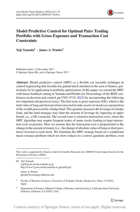 model predictive control for optimal pairs trading portfolio with gross