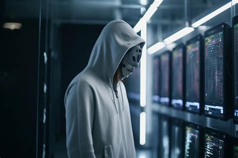 dark hacker with hood and mask inside of data center generative ai