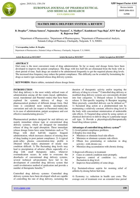 Pdf Matrix Drug Delivery System A Review