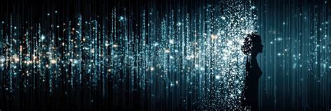 Human Silhouette Merging With Binary Code In A Dynamic Digital Landscape Of Light Nodes And