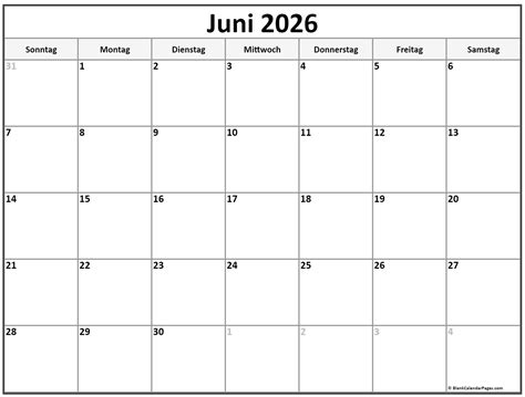 Juni 2026 Kalender Auf Deutsch Kalender 2026