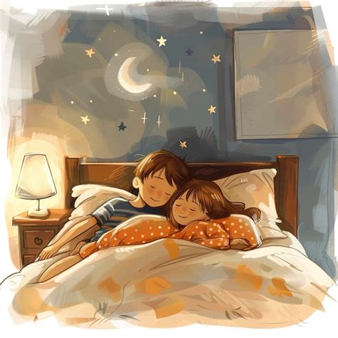 An Illustration Of Brother And Sister Relaxing In Bed Premium Ai