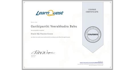 Completion Certificate For Oracle Sql Practice Course G N P V Babu