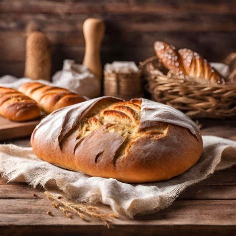 Different Types Of Breads And Buns On Wooden Background Stock