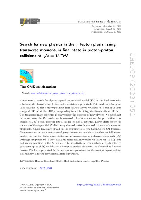 Pdf Search For New Physics In The τ Lepton Plus Missing Transverse