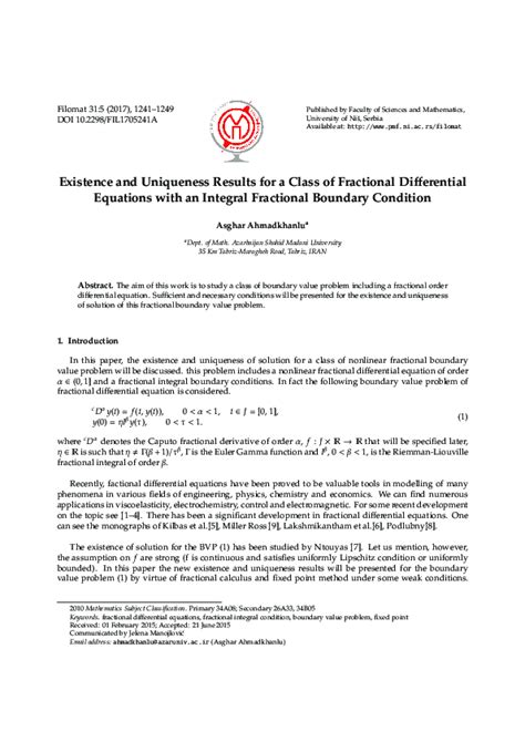 Pdf Existence And Uniqueness Results For A Class Of Fractional