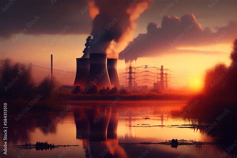 Nuclear Power Plant At Sunset Generate Electricity Dusk Nuclear
