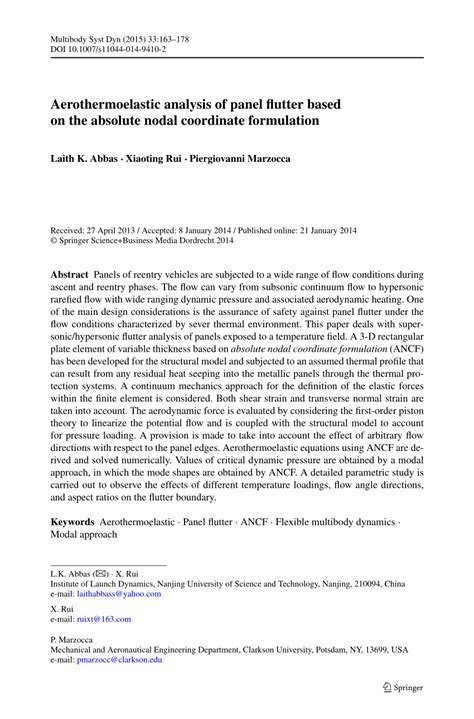 Pdf Aerothermoelastic Analysis Of Panel Flutter Based On The Absolute
