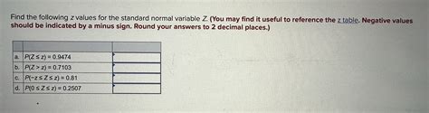[solved] find the following z values for the standard normal variable
