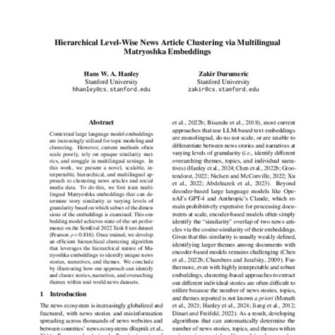 Hierarchical Level Wise News Article Clustering Via Multilingual Matryoshka Embeddings Acl