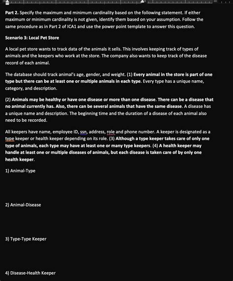 Part 2 Specify The Maximum And Minimum Cardinality Based On The Following Statement If Either